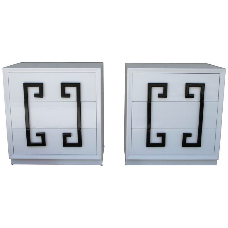 Pair of White Lacquered Greek Key Cabinets at 1stDibs