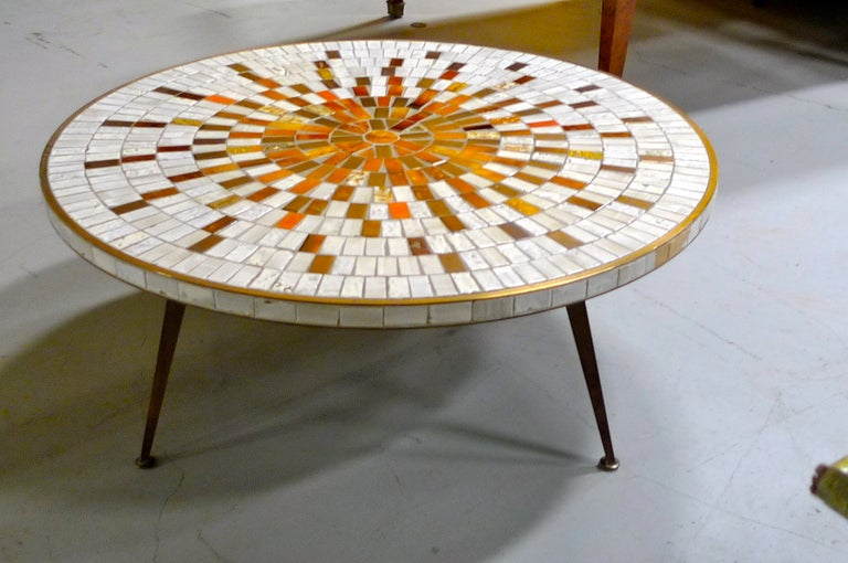 Mid-Century Glazed Ceramic Tile Cocktail Table with Brass Legs at 1stDibs