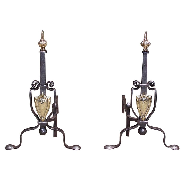 Pair of Italian Brass and Wrought Iron Andirons For Sale at 1stDibs