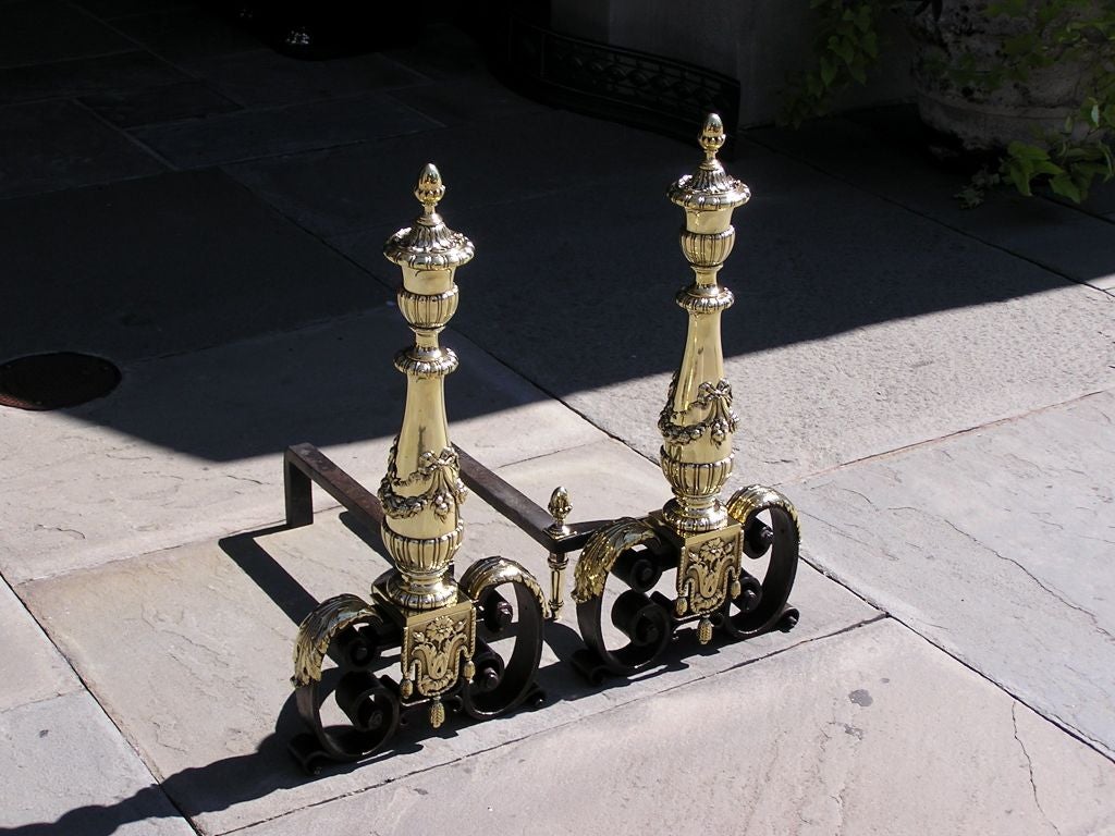 Pair of Italian Brass and Wrought Iron Urn Finial with Ribbon Andirons ...