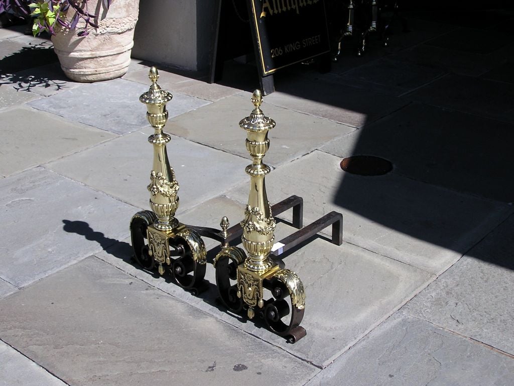 Pair of Italian Brass and Wrought Iron Urn Finial with Ribbon Andirons ...