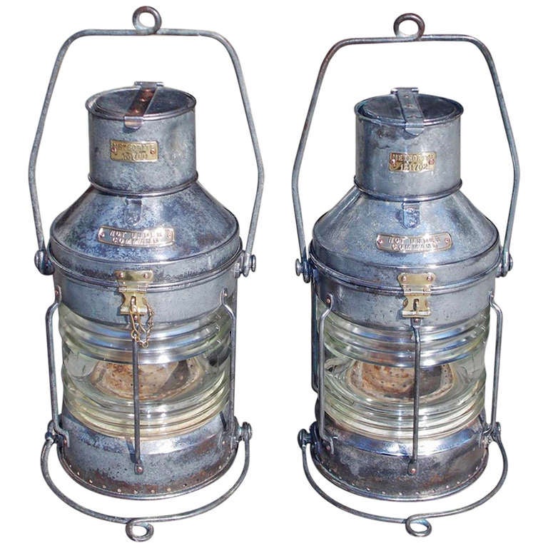 Pair of English Polished Steel Ship Lanterns. Early 20th Century at 1stDibs