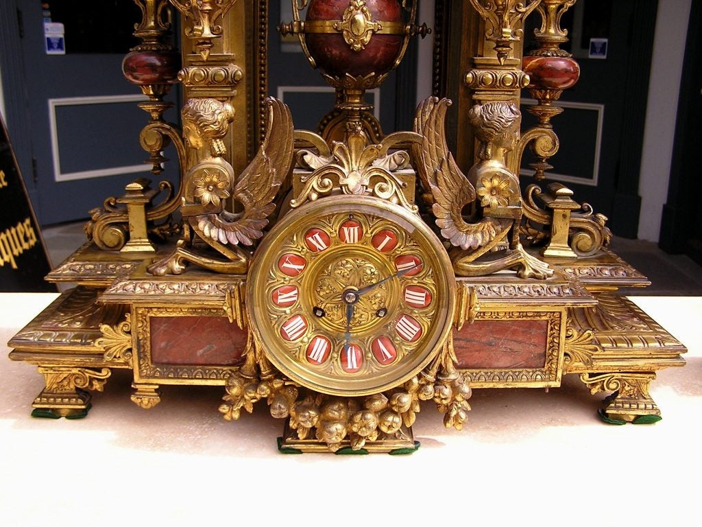 French Gilt Bronze and Marble Clock Set For Sale at 1stdibs