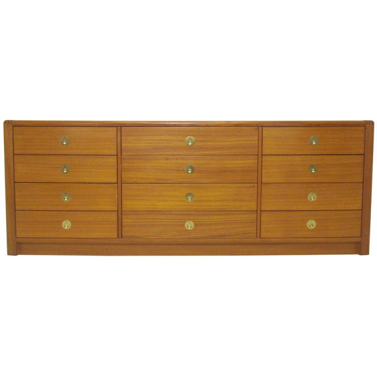 Danish Teak Twelve Drawer Dresser With Brass Pulls at 1stDibs