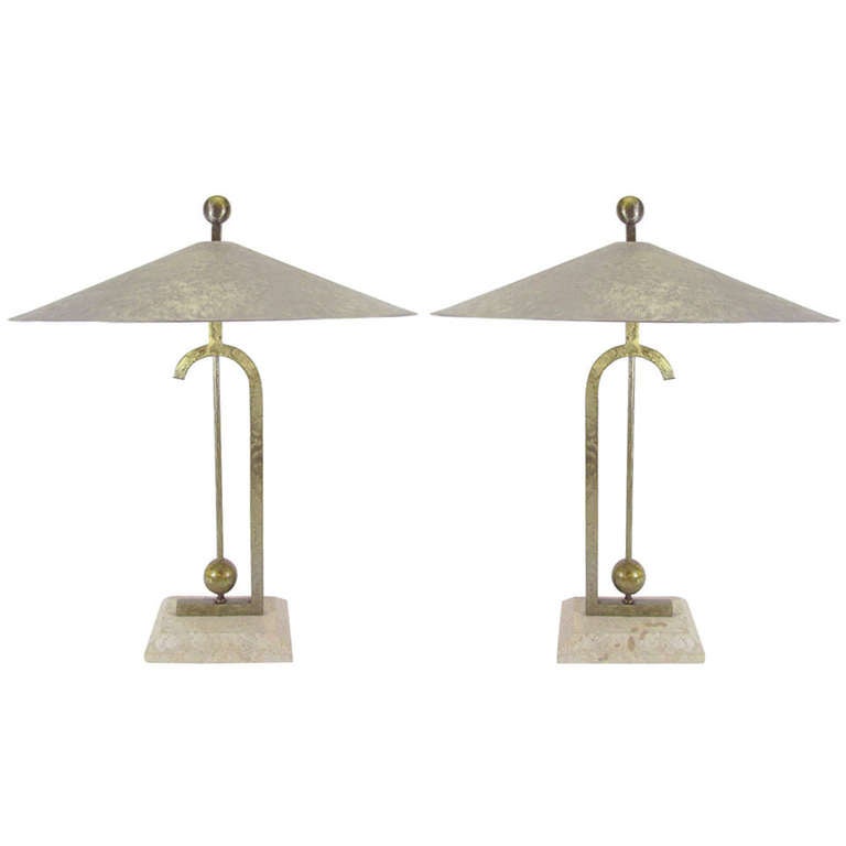 Pair of Table Lamps in Fossil Stone and Brazed Steel at 1stDibs ...