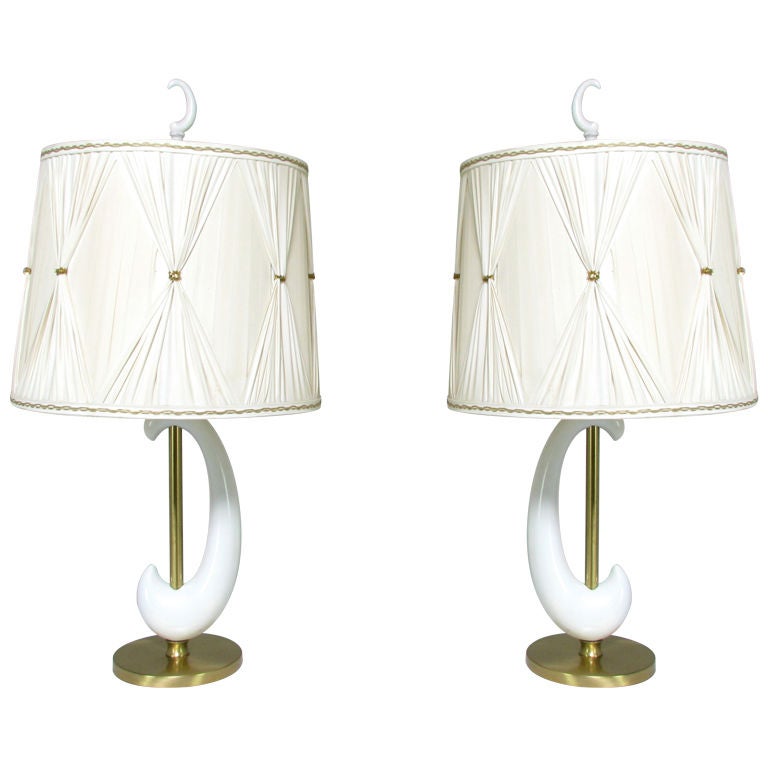 Pair of Porcelain and Brass Crescent Lamps circa 1950's at 1stDibs