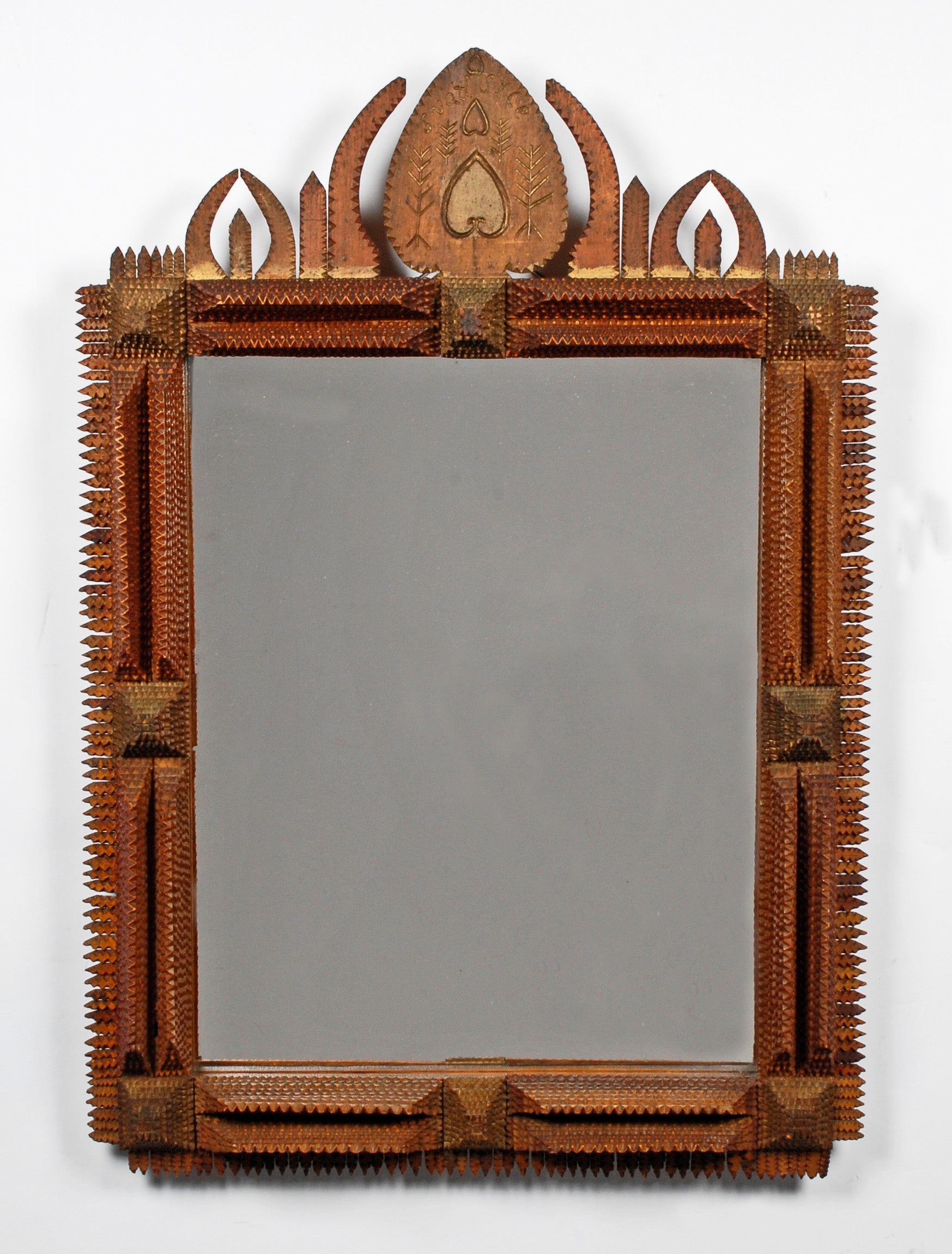 Tramp Art Mirror with Inverted Heart Crest and Points Surround at 1stDibs