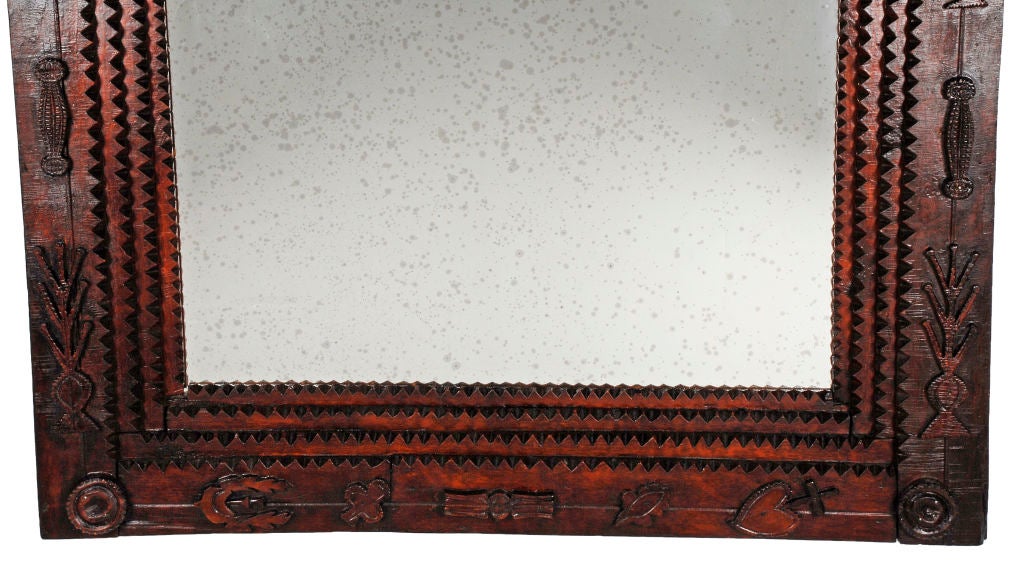 Bold Tramp Art Mirror Frame with Hearts and Unusual Carvings at 1stDibs