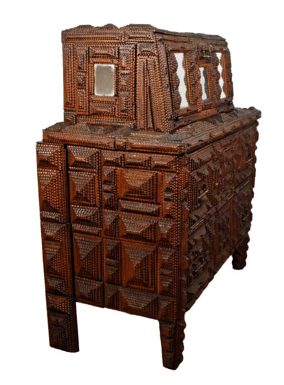 Fine Tramp Art Dresser with Mirrors, Drawers and Lift-down Top at 1stDibs