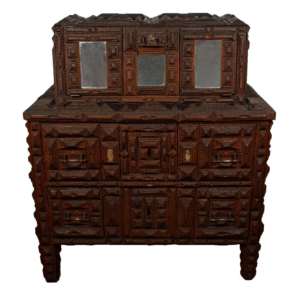 Fine Tramp Art Dresser with Mirrors, Drawers and Lift-down Top at 1stDibs