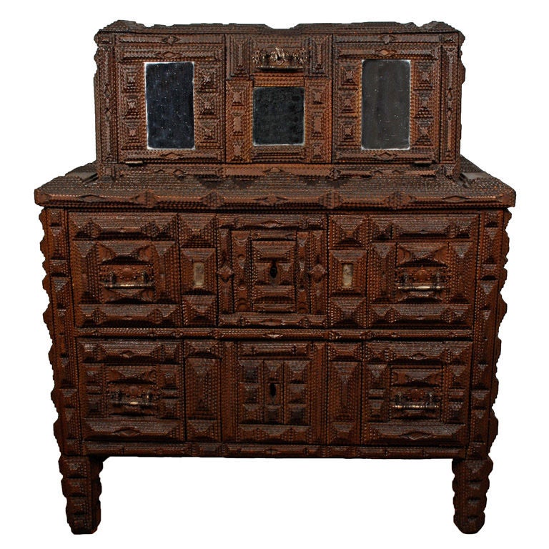 Fine Tramp Art Dresser with Mirrors, Drawers and Lift-down Top at 1stDibs