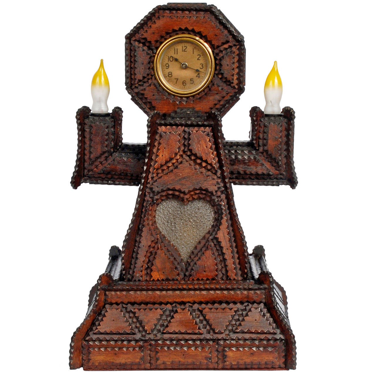 Tramp Art Lamp with Clock and Hearts For Sale at 1stDibs