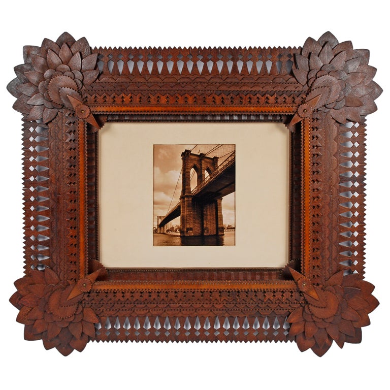 Superb Sunflower Cornered Tramp Art Folk Art Frame at 1stDibs