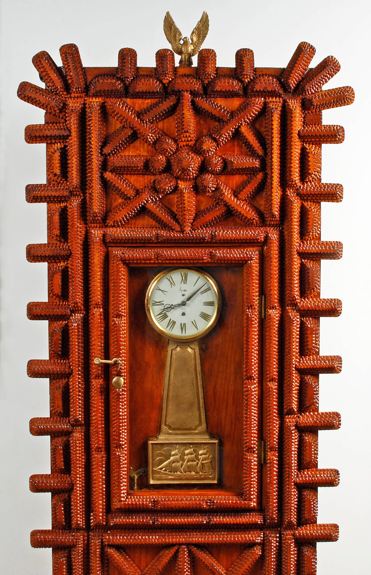 Striking Tramp Art Grandfather Clock For Sale at 1stDibs