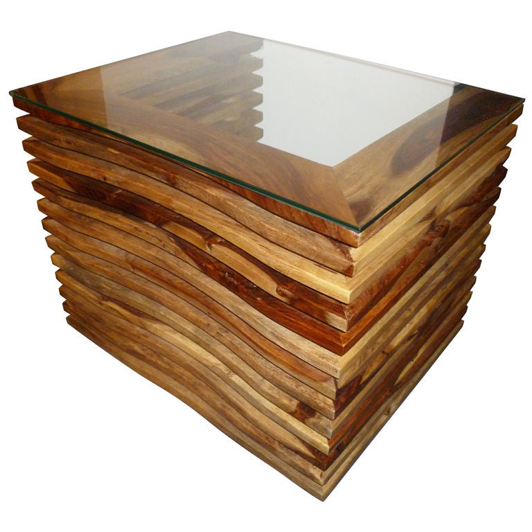 Contemporary Stacked and Slatted Side Table in Wood with Glass at 1stDibs