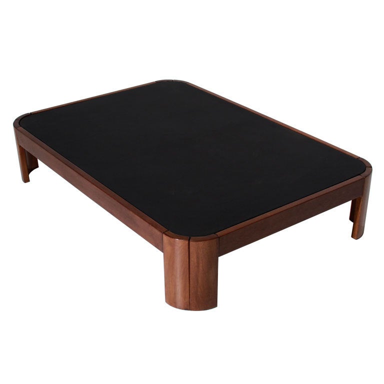 Rounded Rectangular Wood Coffee Table with Black Leather Top at 1stDibs
