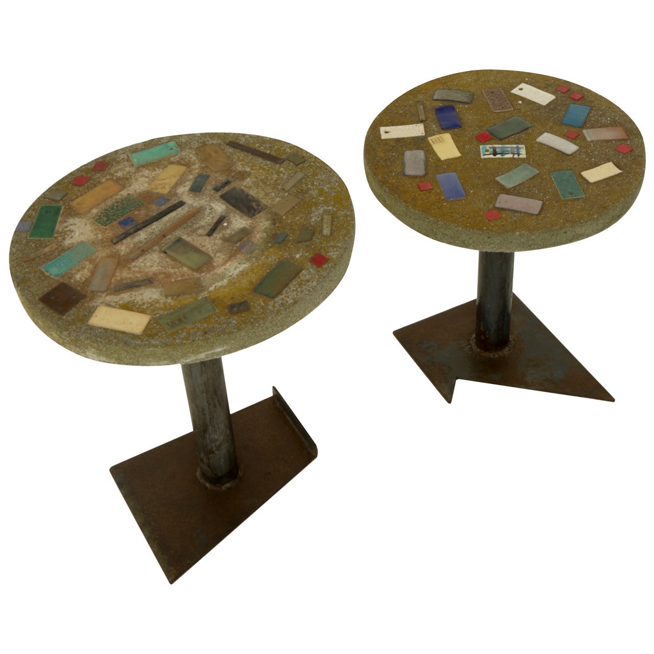 Pair of Ceramic Mosaic-Top, Concrete Accent Tables at 1stDibs