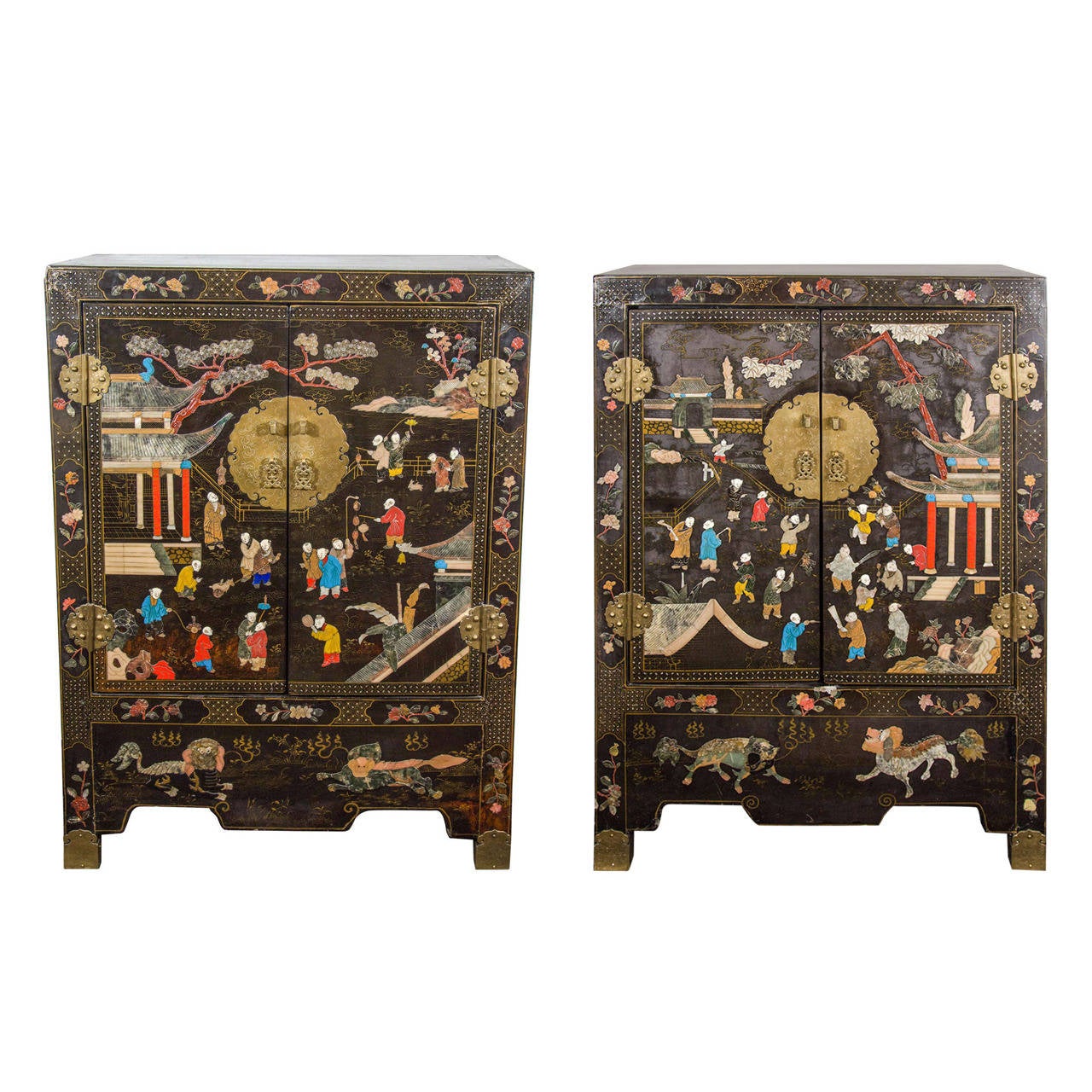 A 20th Century Pair of Decorative Black Chinese Cabinets at 1stDibs