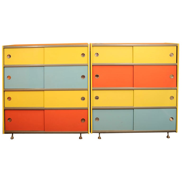 Mid Century Pair of Colorblock Cabinets at 1stDibs
