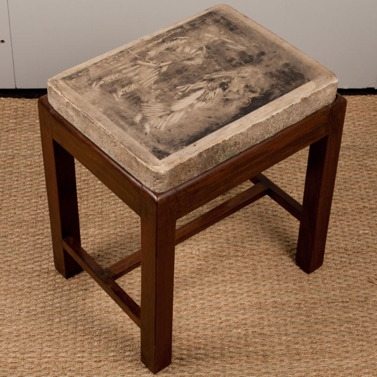 Litho Stone Table from India with Teak Base at 1stDibs
