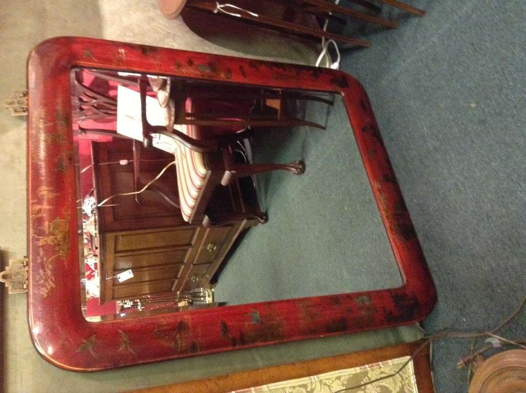 Pair of Red Leather Chinoiserie Bevelled Mirrors For Sale at 1stDibs