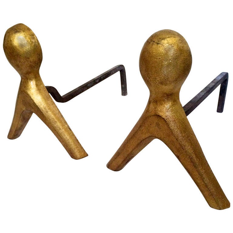 French 1950s Pair of Wrought Iron Andirons with Gold Leaf Abstract ...