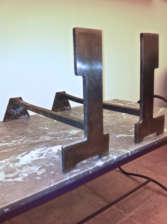 Francois Monnet 1970s Pair of Brushed Steel Andirons For Sale at 1stDibs