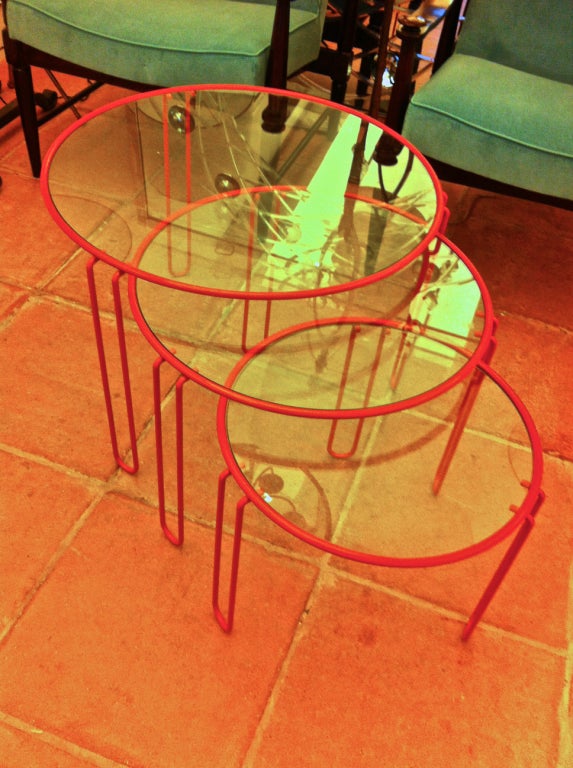 In The Style Of Jean Royere Witty 1950s Red Metal Nesting Tables at 1stDibs