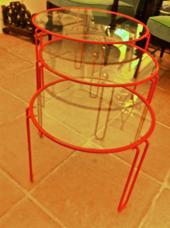 In The Style Of Jean Royere Witty 1950s Red Metal Nesting Tables at 1stDibs