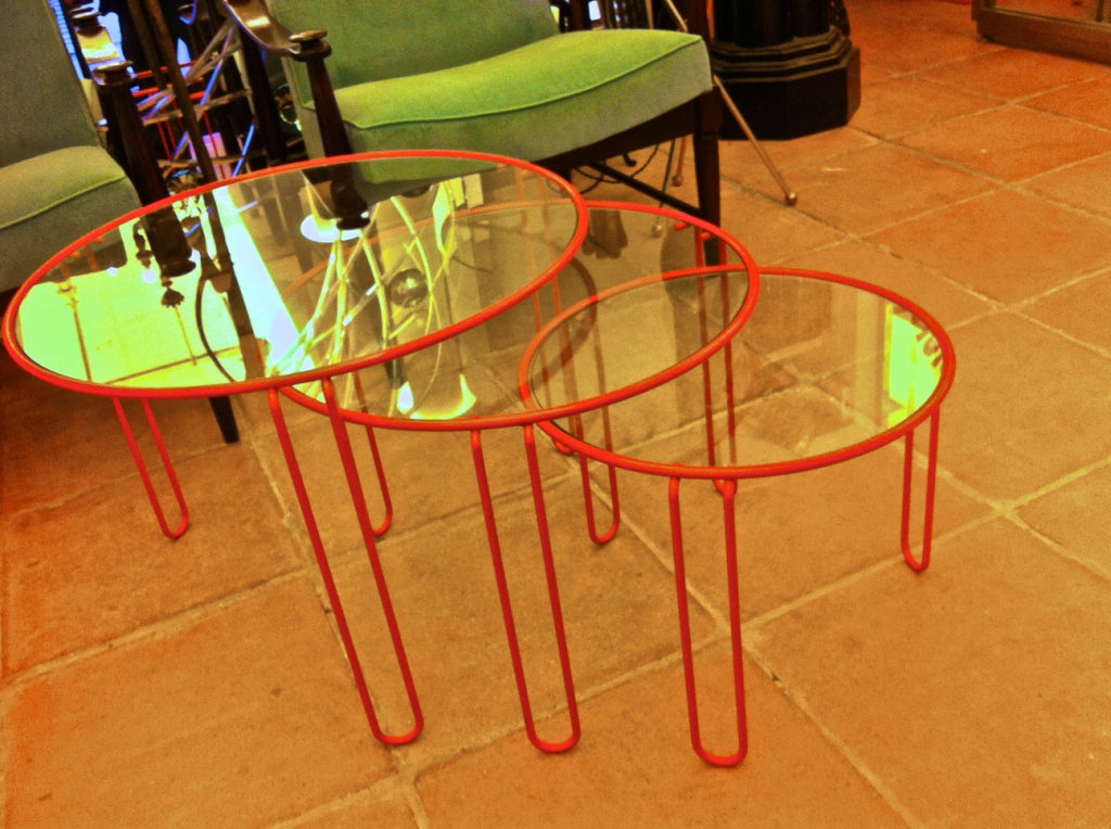 In The Style Of Jean Royere Witty 1950s Red Metal Nesting Tables at 1stDibs