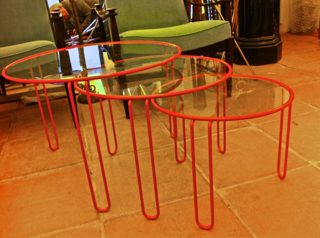In The Style Of Jean Royere Witty 1950s Red Metal Nesting Tables at 1stDibs