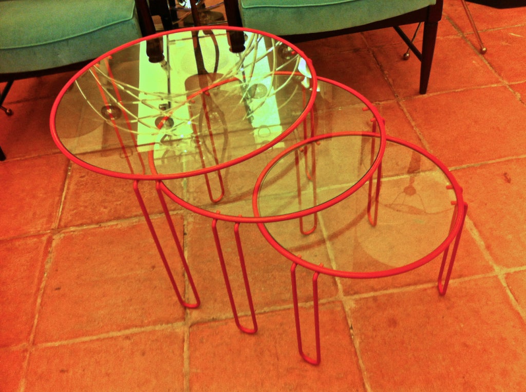 In The Style Of Jean Royere Witty 1950s Red Metal Nesting Tables at 1stDibs