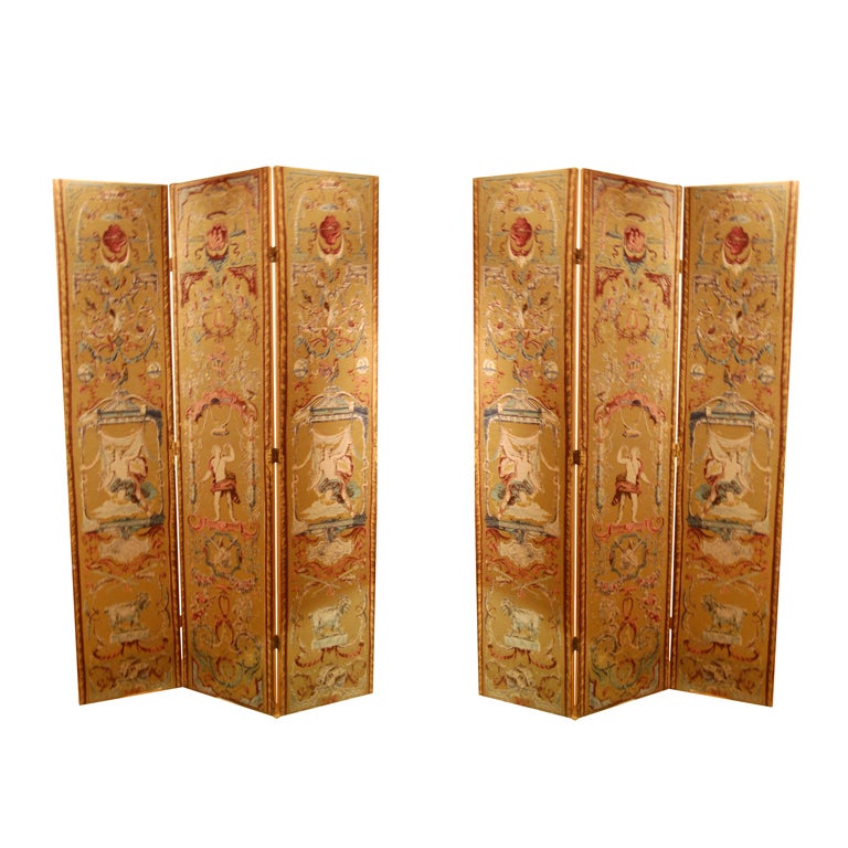 Pair Silk Screened linen Deco Screens For Sale at 1stDibs