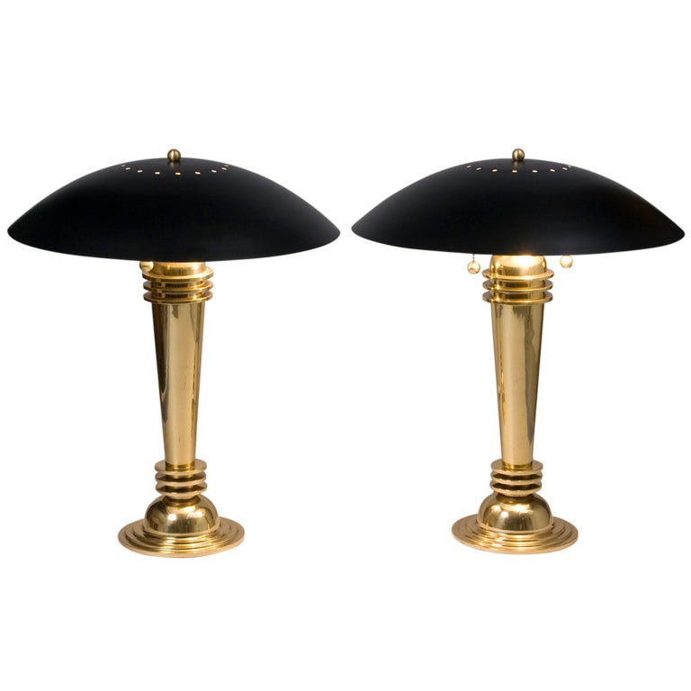 Pair of Brass Column Black Shade Table or Desk Lamps at 1stDibs
