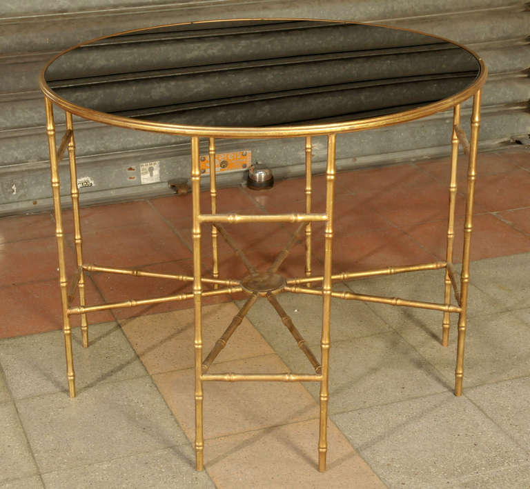 Pedestal Table in Bamboo Metal with Black Glass Top at 1stDibs