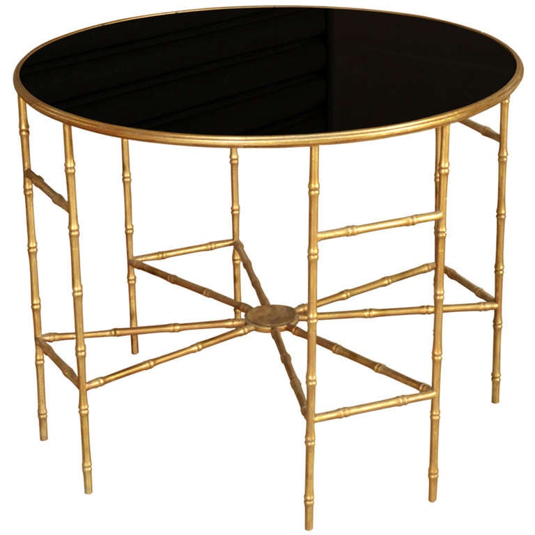 Pedestal Table in Bamboo Metal with Black Glass Top at 1stDibs