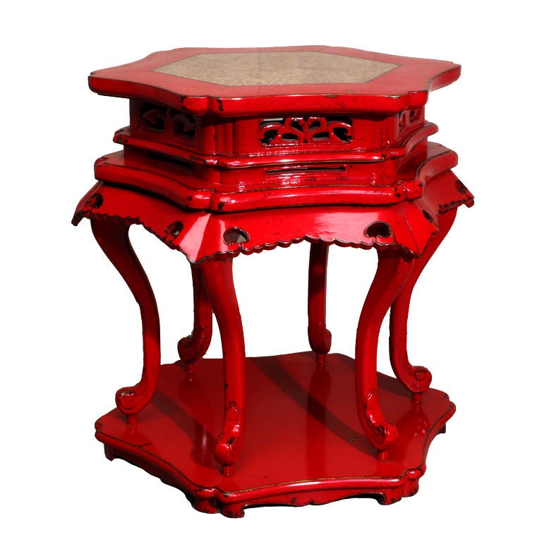 A Chinese Red Lacquer Hexagonal Table with Stone Inset Top at 1stDibs