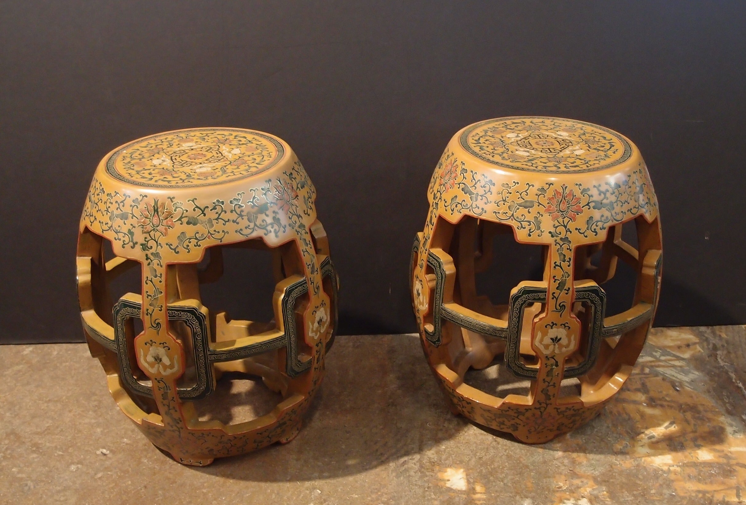 A Pair of Chinese Lacquer Painted Drum Stools at 1stDibs