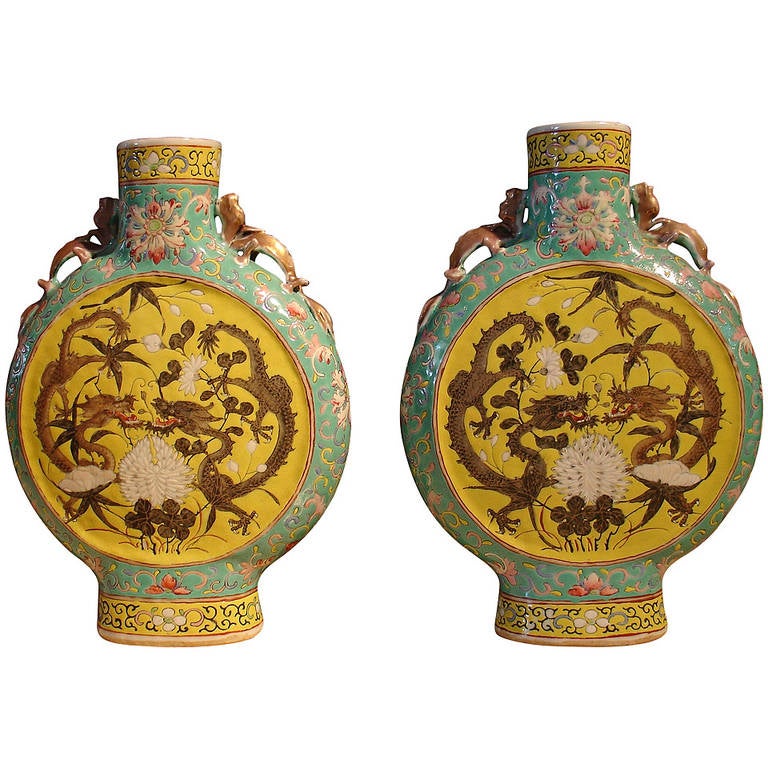 Pair of Chinese Famille Rose Porcelain Moon Flasks at 1stDibs