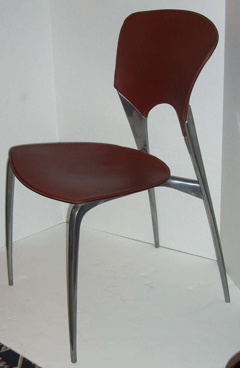 Pair of Sleek Phillipe Stark Leather and Aluminum Side Chairs at 1stDibs