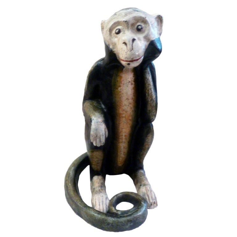 Painted Cast Iron Seated Monkey by Hubley Manufacturing Company at 1stDibs