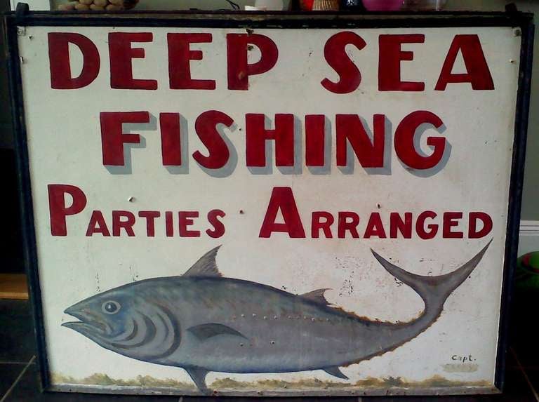Deep Sea Fishing Hand Painted Double Sided Sign Maine c. 1960 at 1stDibs