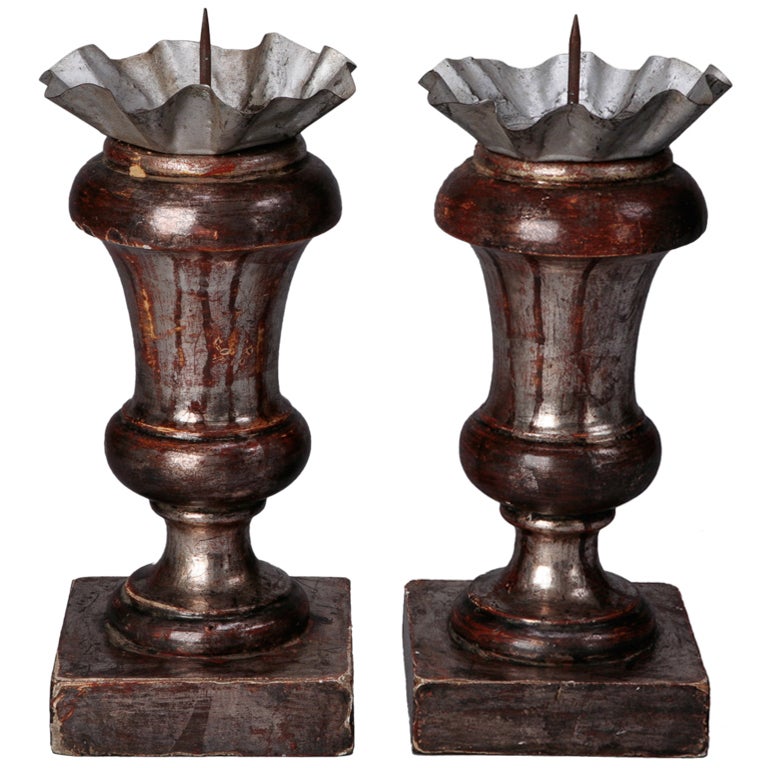 Pair Tall Italian Red and Silver Finial Shaped Pricket Sticks at 1stDibs