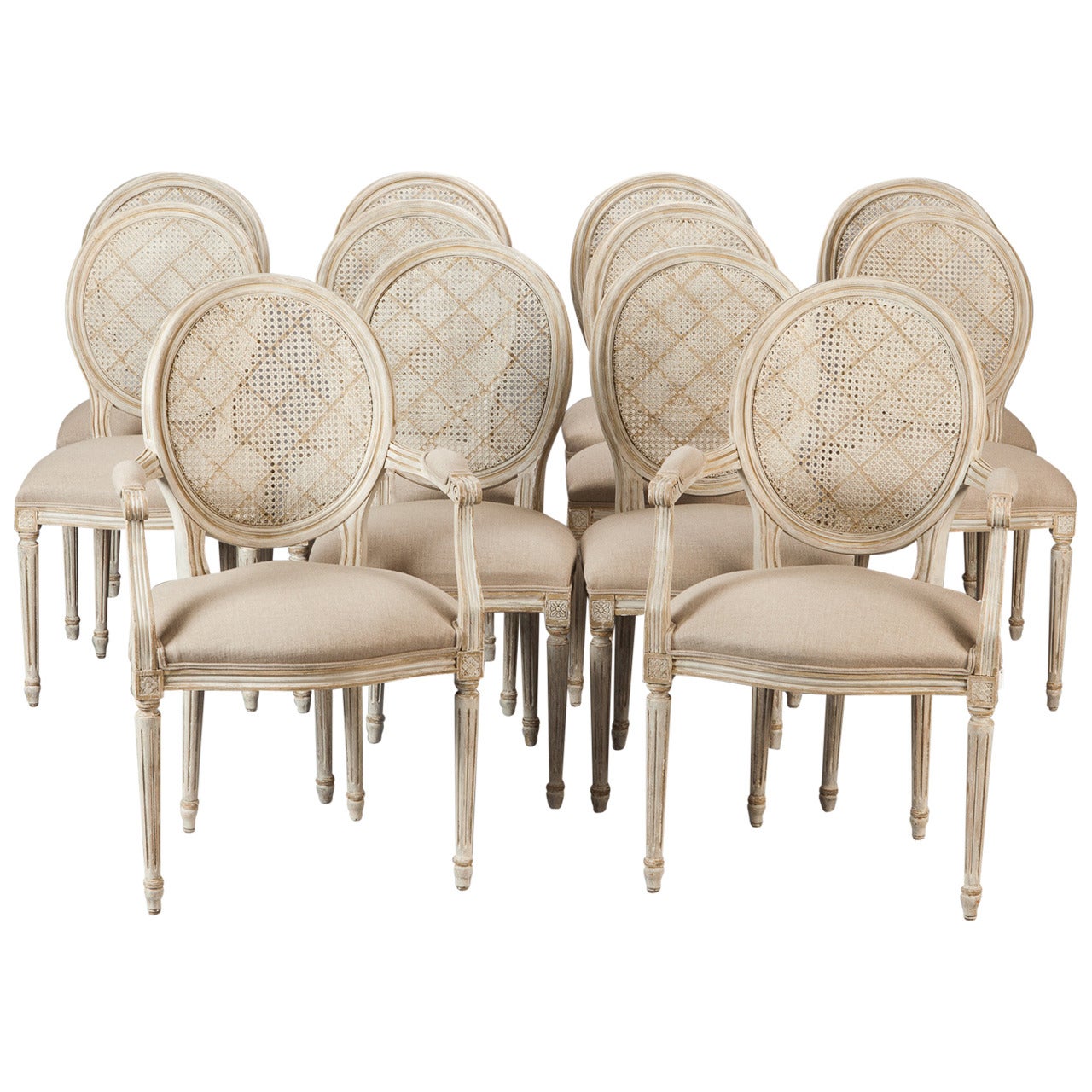 Set of Twelve Painted and Caned Back French Dining Chairs at 1stDibs
