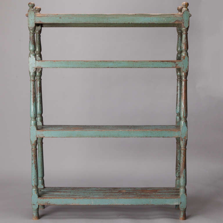 Open Shelf Deed Rack Etagere with Worn Teal Blue Paint at 1stDibs