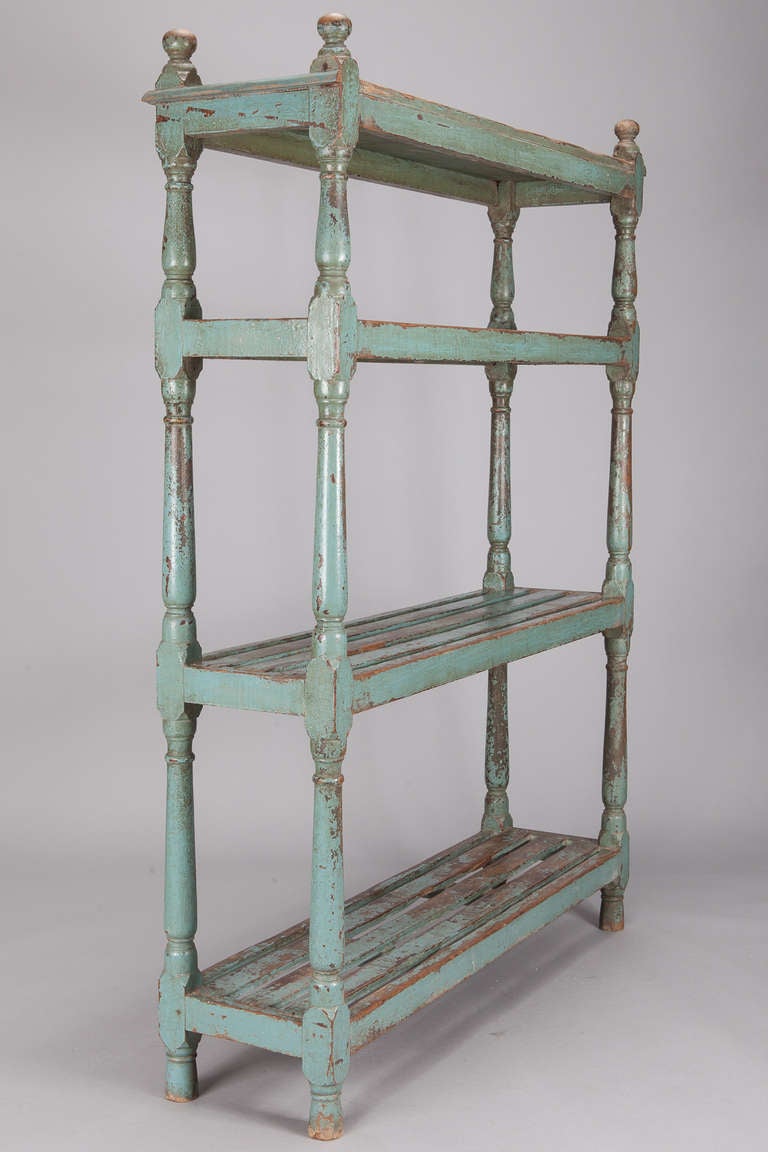 Open Shelf Deed Rack Etagere with Worn Teal Blue Paint at 1stDibs