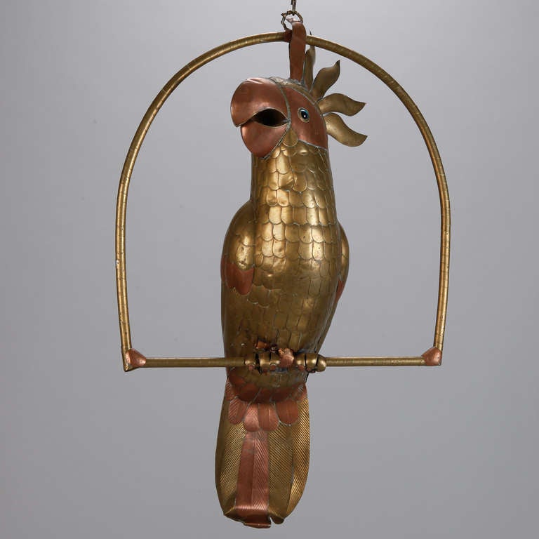 Large Midcentury Brass and Copper Cockatoo on Perch For Sale at 1stDibs