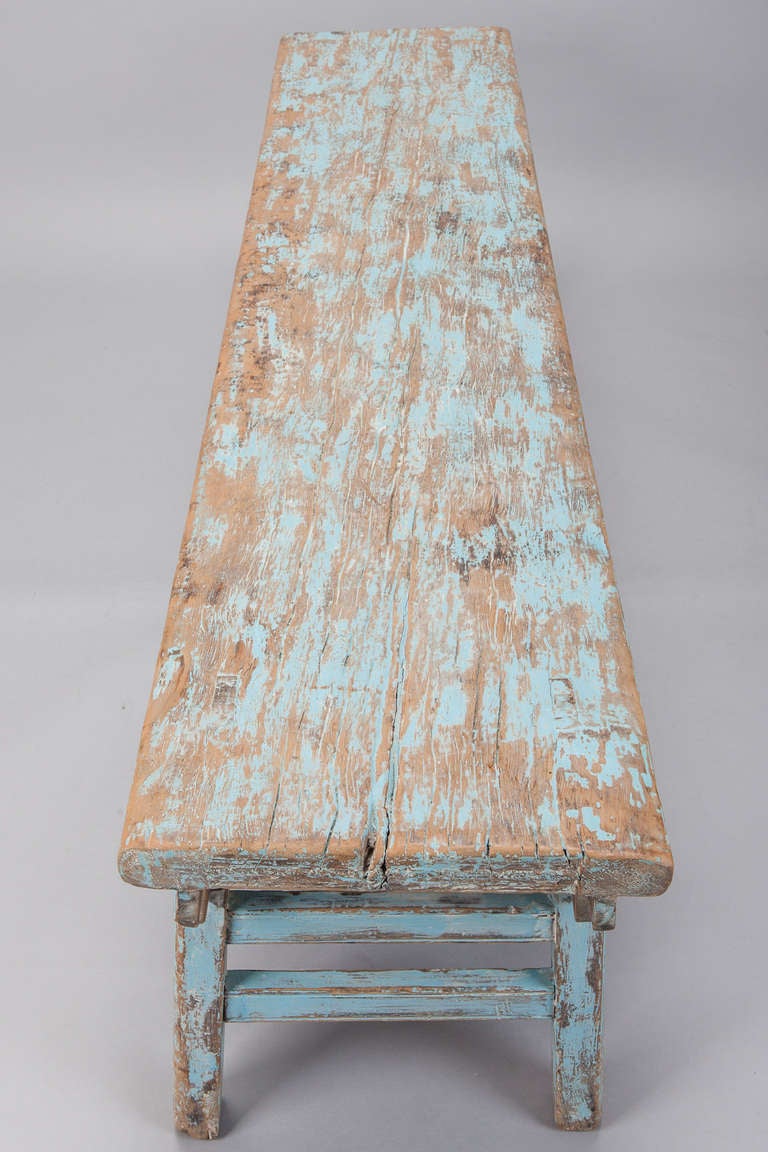 Long Chinese Bench with Worn Blue Painted Finish at 1stDibs