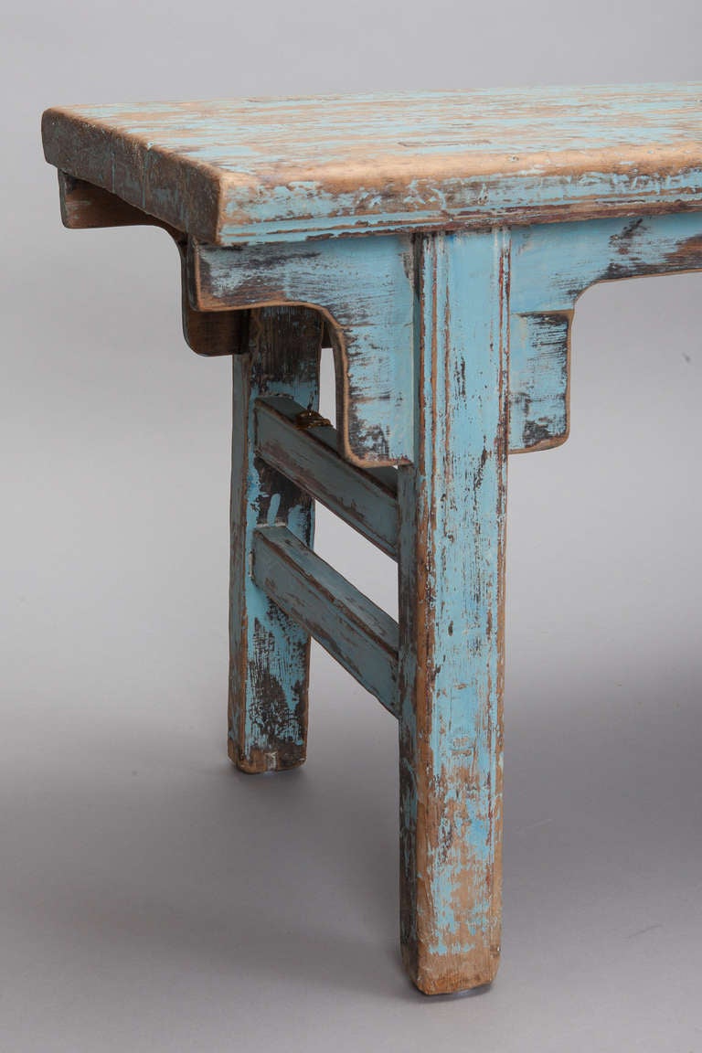 Long Chinese Bench with Worn Blue Painted Finish at 1stDibs