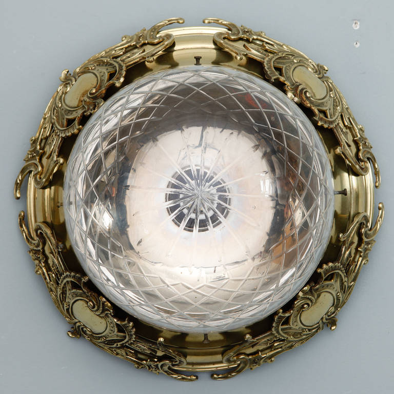 Ceiling Mount Fixture with Elaborate Brass Frame and Etched Glass Globe ...